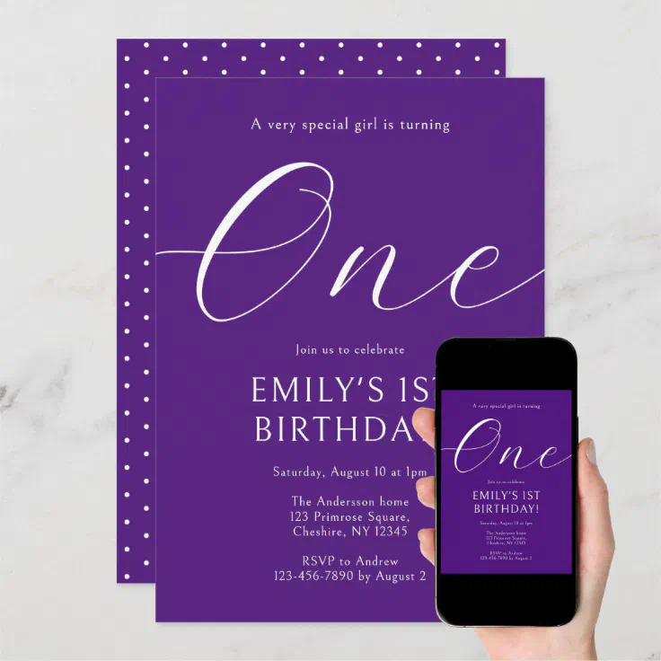 1st Birthday Girl's Purple Simple One Year Old Invitation | Zazzle