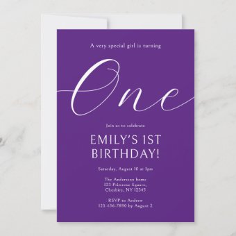 1st Birthday Girl's Purple Simple One Year Old Invitation | Zazzle