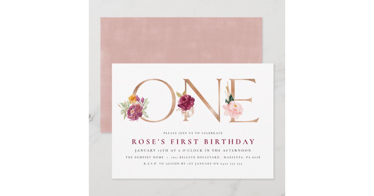 1st Birthday Invitations | Floral Rose Gold | Zazzle