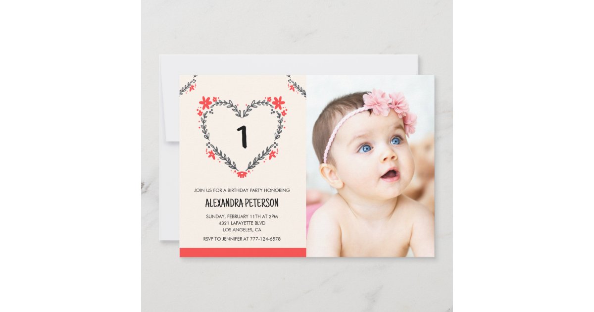 1st birthday invitations for her Floral Heart | Zazzle