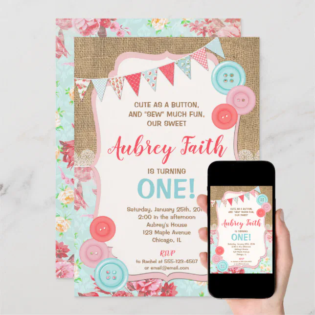 1st birthday invitations girl, Cute as a button | Zazzle