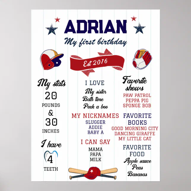 1st Birthday Milestone Baseball Poster | Zazzle