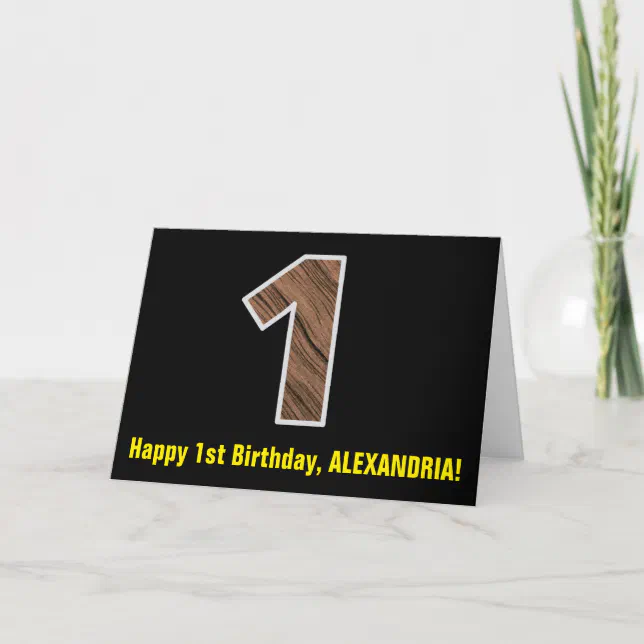 1st Birthday: Name + Faux Wood Grain Pattern "1" Card | Zazzle