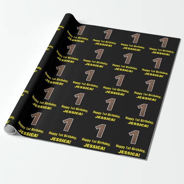 1st Birthday: Name & Faux Wood Grain Pattern "1" Wrapping Paper | Zazzle
