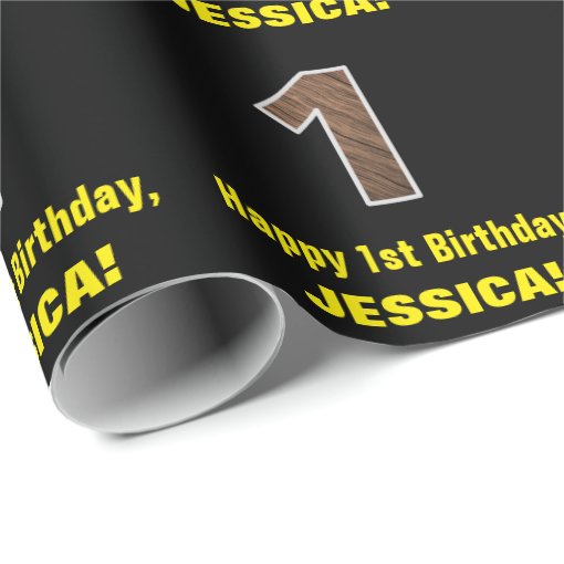 1st Birthday: Name & Faux Wood Grain Pattern "1" Wrapping Paper | Zazzle