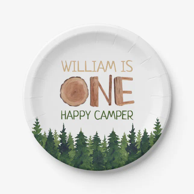 1st Birthday Name Rustic One Happy Camper Paper Plates | Zazzle