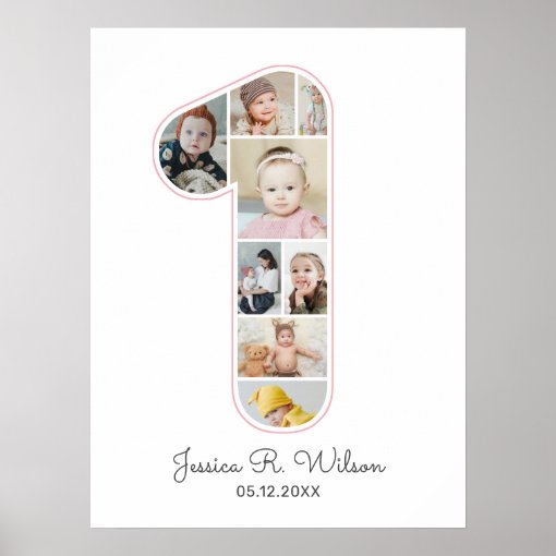 1st Birthday Number 1 Photo Collage Baby Nursery Poster | Zazzle