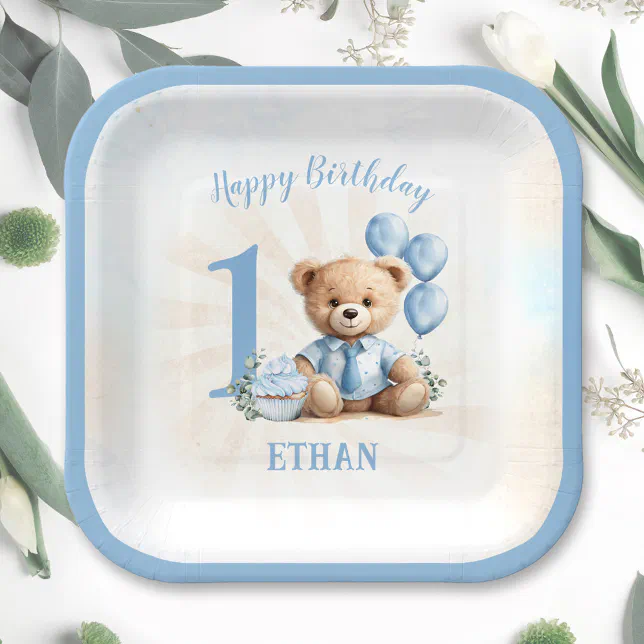 1st Birthday Number Bear Blue Square Paper Plates | Zazzle
