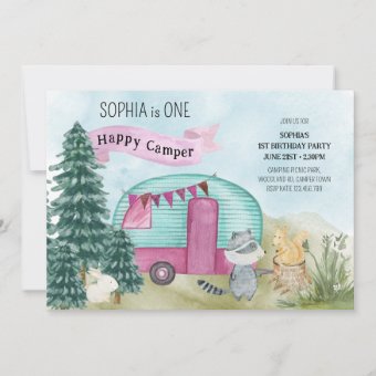1st Birthday One Happy Camper Woodland Caravan Invitation | Zazzle