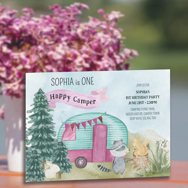 1st Birthday One Happy Camper Woodland Caravan Invitation | Zazzle