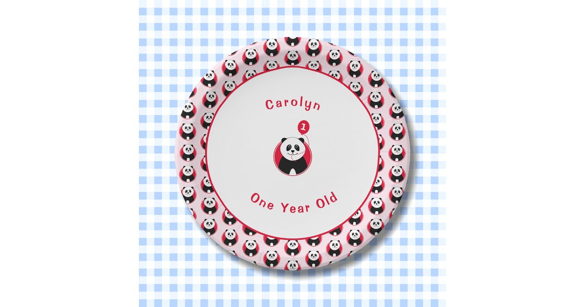 1st birthday panda red pattern paper plates | Zazzle