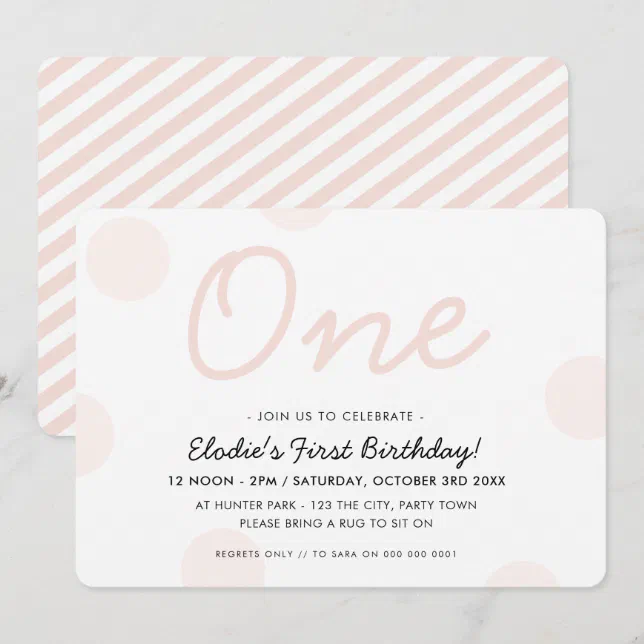 1st BIRTHDAY PARTY baby pink girl ONE polka dots Invitation | Zazzle