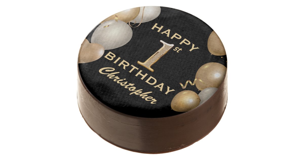 1st Birthday Party Black and Gold Balloons Chocolate Covered Oreo | Zazzle