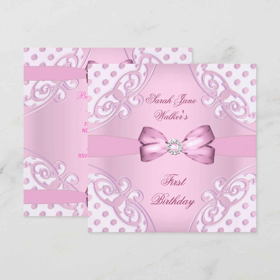1st Birthday Party Girl Pink White Polka Dot Invitation | Zazzle