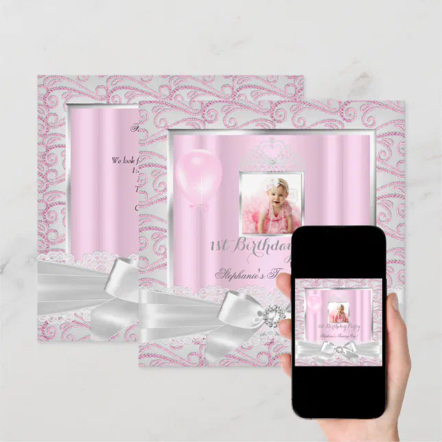 1st Birthday Party Girls Pink Diamonds Tiara Invitation | Zazzle