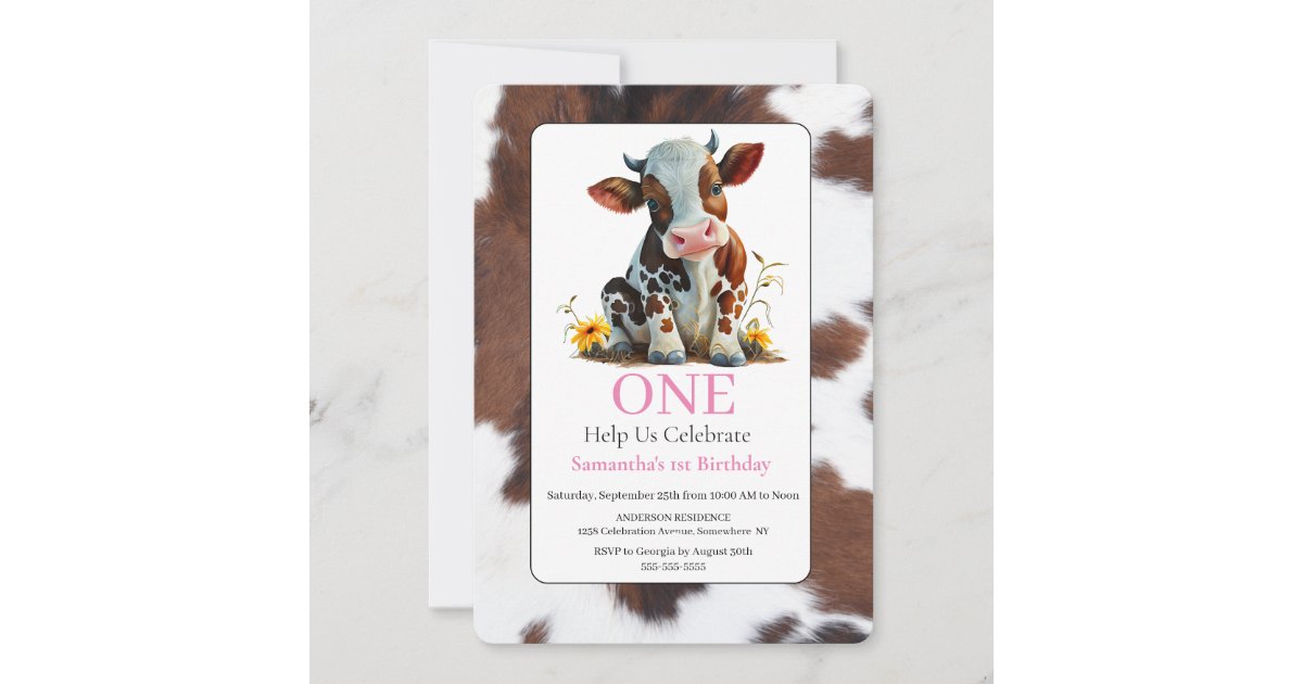 1st Birthday Pink Baby Cow Invitation | Zazzle