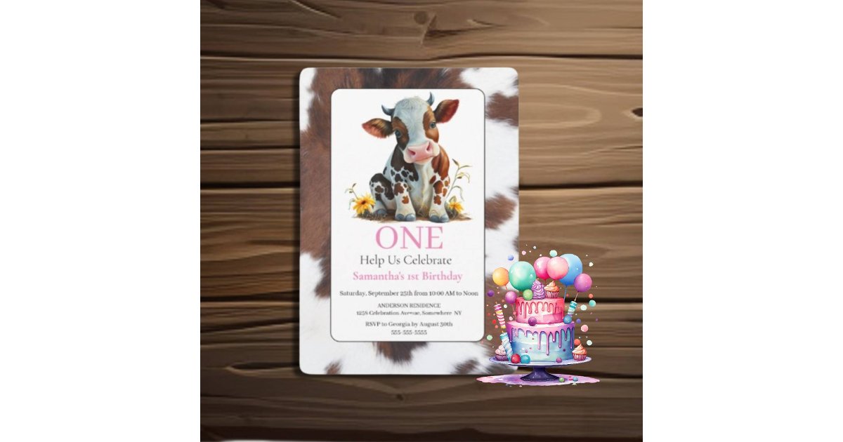 1st Birthday Pink Baby Cow Invitation | Zazzle