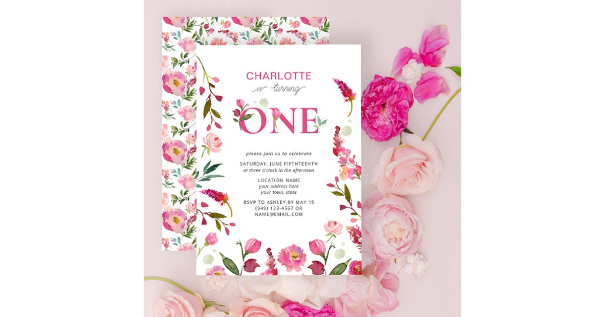 1st Birthday Pink Floral Watercolor Is Turning One Invitation | Zazzle
