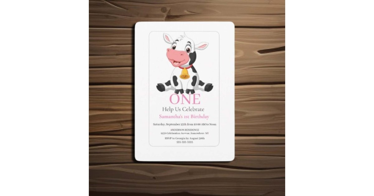 1st Birthday Pink White Baby Cow Invitation | Zazzle