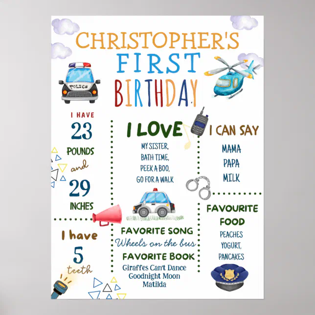 1st Birthday Police Officer Party Poster | Zazzle