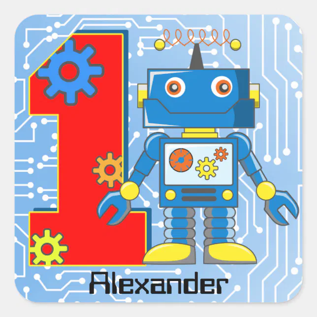 1st Birthday Robot Custom Square Sticker | Zazzle