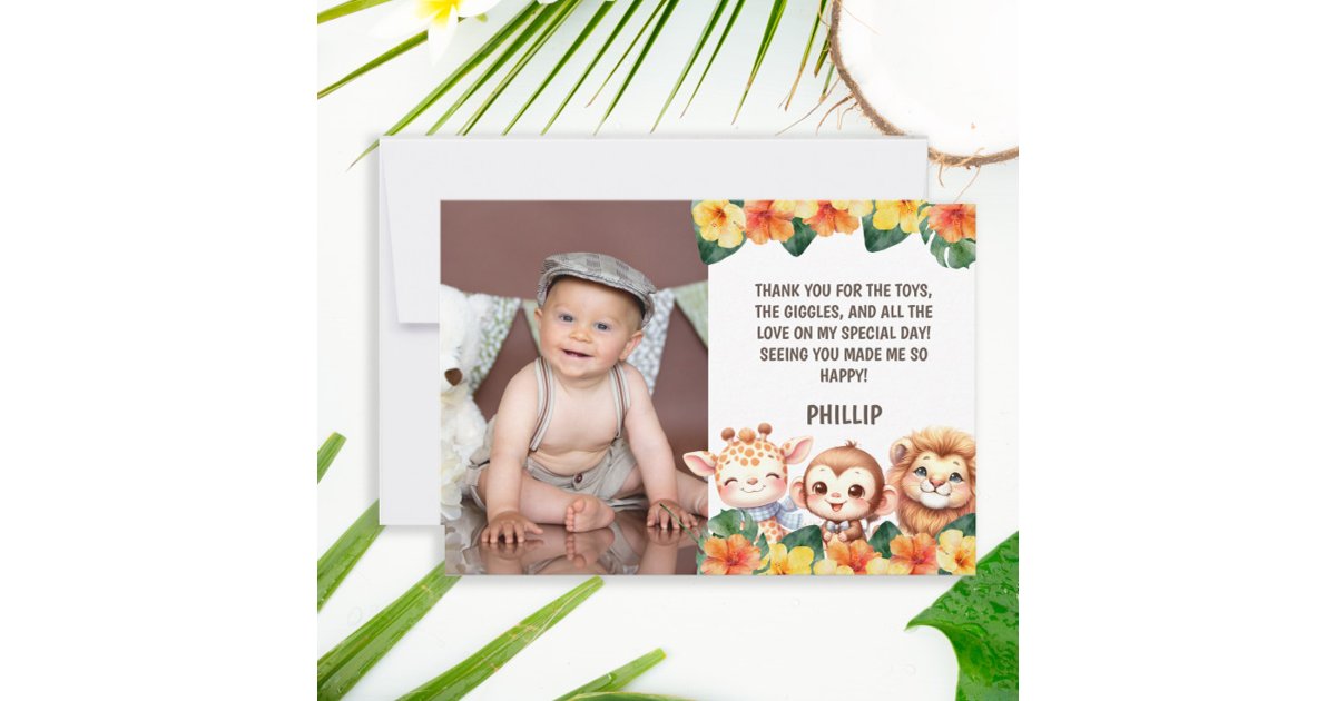 1st Birthday Safari Lion Giraffe Monkey Photo Thank You Card | Zazzle