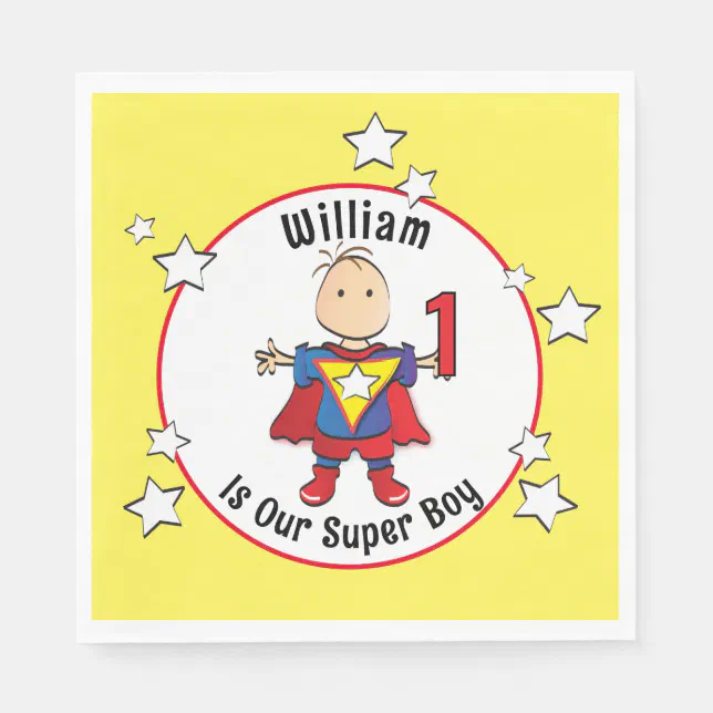 1st Birthday Super Boy Cartoon Party Napkin | Zazzle