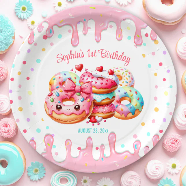 1st Birthday Sweet One Cute Donut Pink Girl Paper Plates | Zazzle