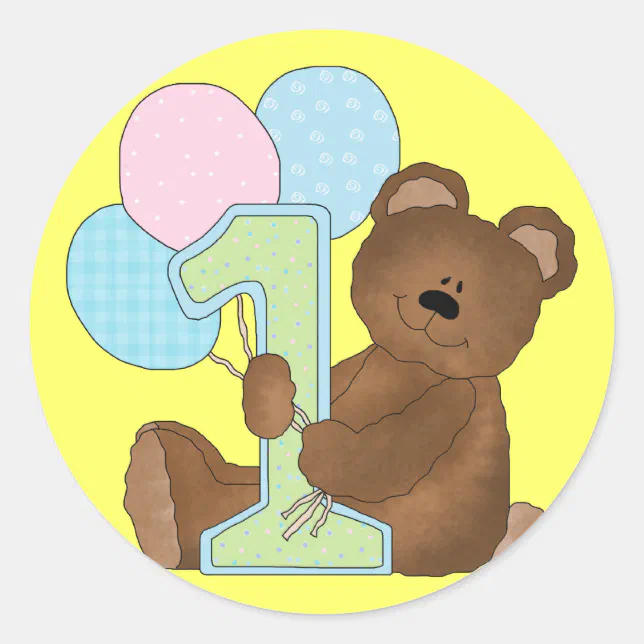 1st Birthday Teddy Bear (3) Classic Round Sticker | Zazzle