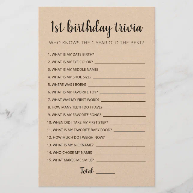 1st Birthday Trivia editable game | Zazzle