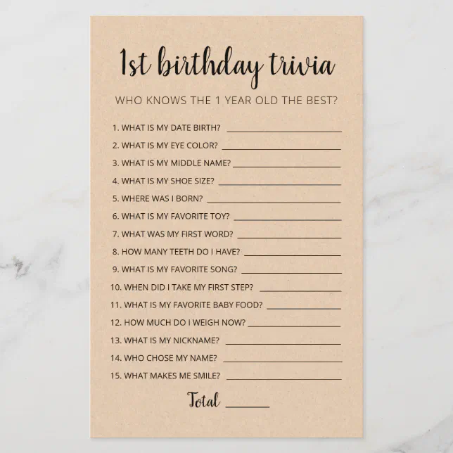 1st Birthday Trivia editable game | Zazzle