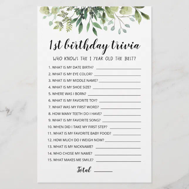 1st Birthday Trivia editable game | Zazzle