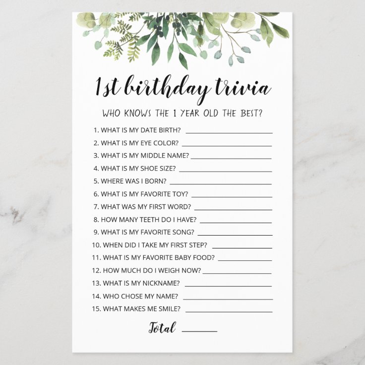 1st Birthday Trivia editable game | Zazzle