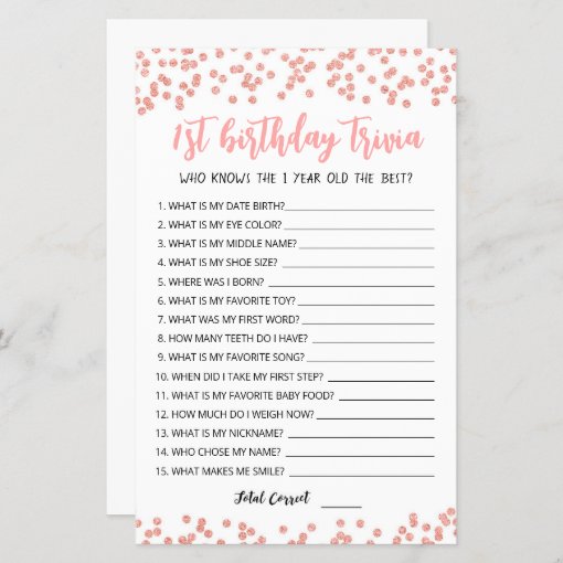 1st Birthday Trivia editable game | Zazzle