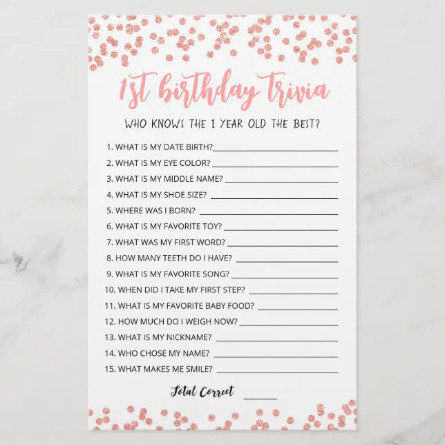 1st Birthday Trivia editable game | Zazzle