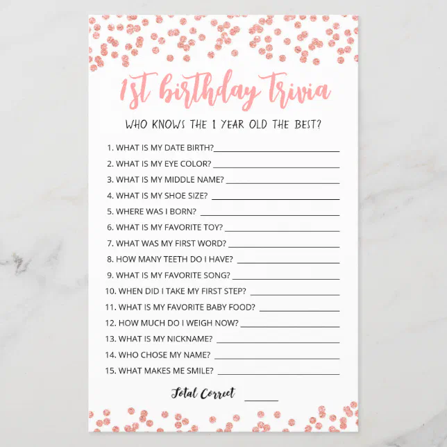 1st Birthday Trivia editable game | Zazzle