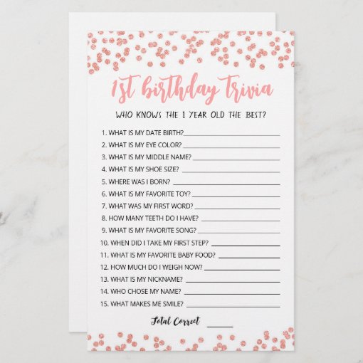 1st Birthday Trivia editable game | Zazzle