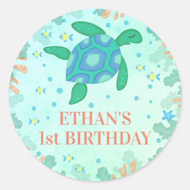 1st Birthday Turtle Under The Sea Party Classic Round Sticker | Zazzle