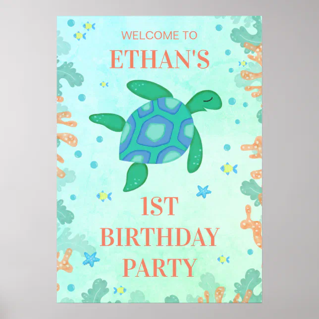 1st Birthday Turtle Under The Sea Party Poster | Zazzle
