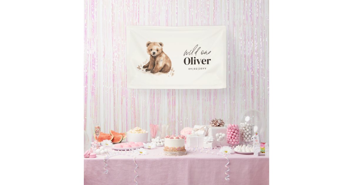 1st Birthday Wild One bear modern elegant party Banner | Zazzle