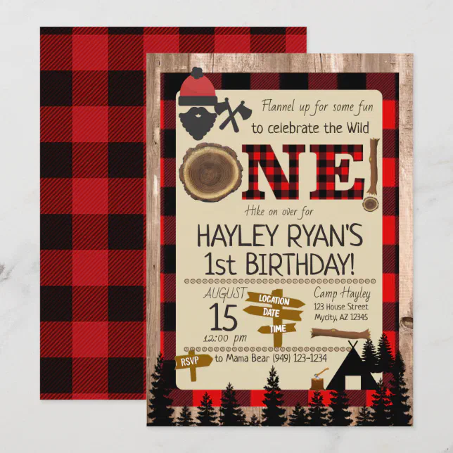 1st Birthday Wild One Flannel Lumberjack Theme Invitation | Zazzle