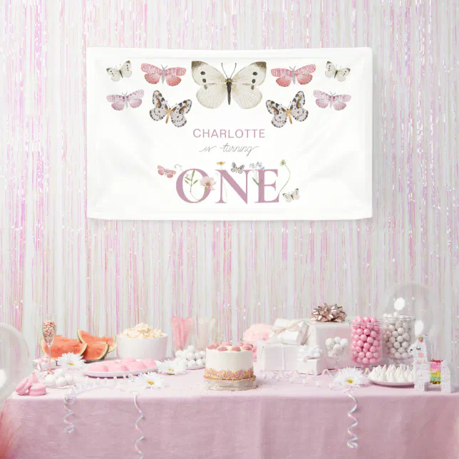 1st Birthday Wildflower Is Turning One Butterflies Banner | Zazzle