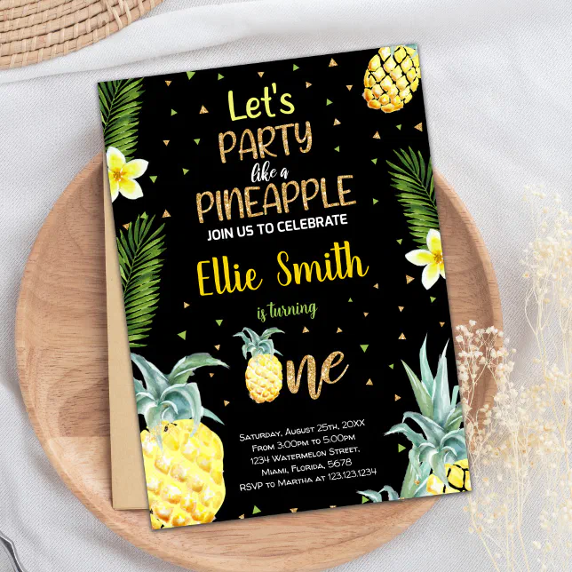 1st Black Pineapple Birthday Invitations | Zazzle
