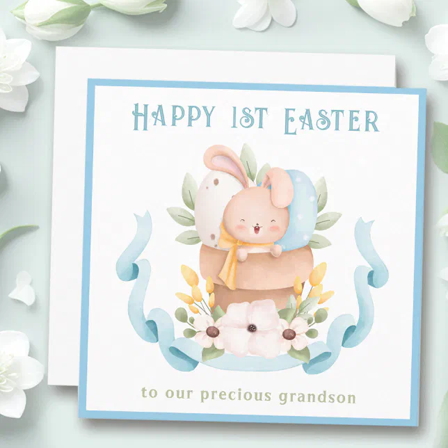 1st Easter card bunny grandson blue Easter card | Zazzle