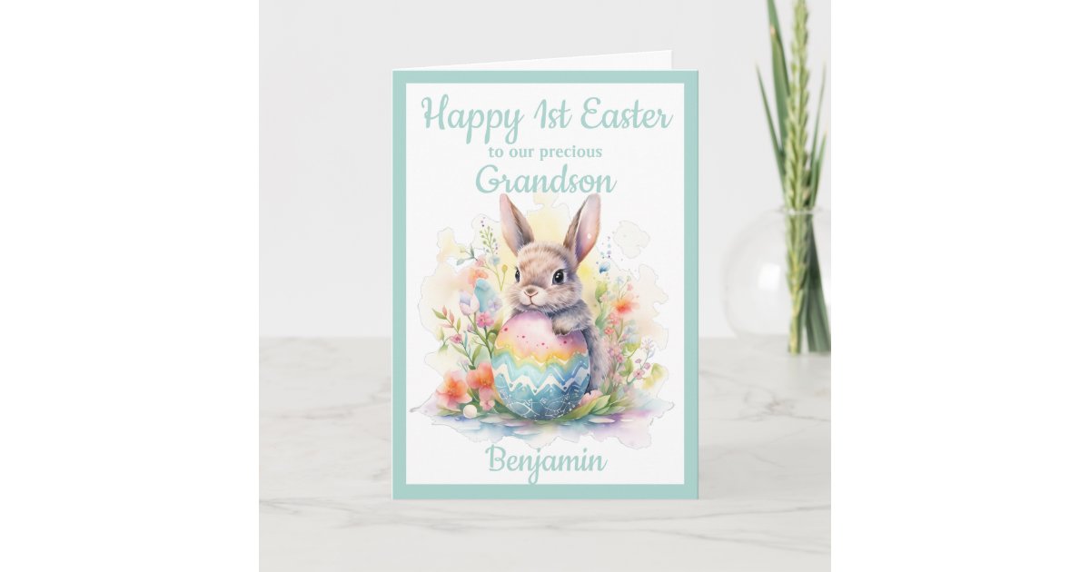 1st Easter Grandson Bunny Egg Blue Holiday Card | Zazzle