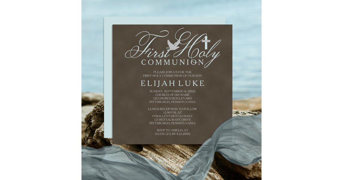 1st Holy Communion Boy Dove Cross Brown Distressed Invitation | Zazzle
