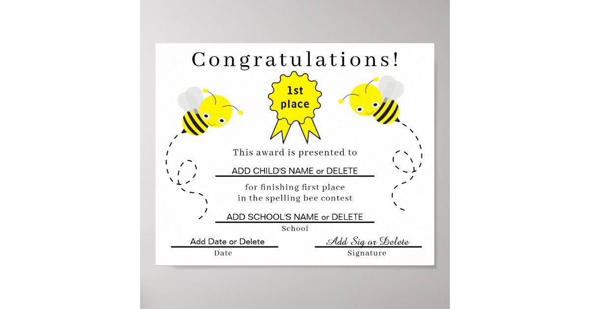 1st Place Spelling Bee Certificate for Kids Poster | Zazzle