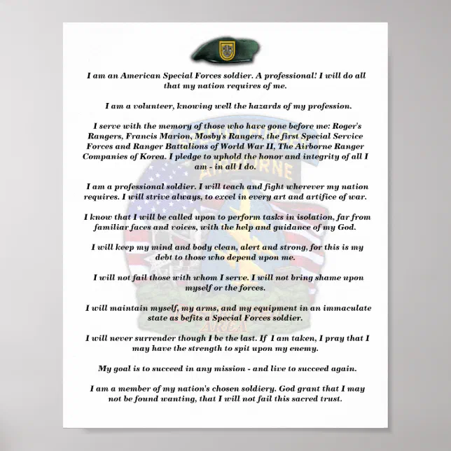 1st special forces group veterans vets creed print | Zazzle