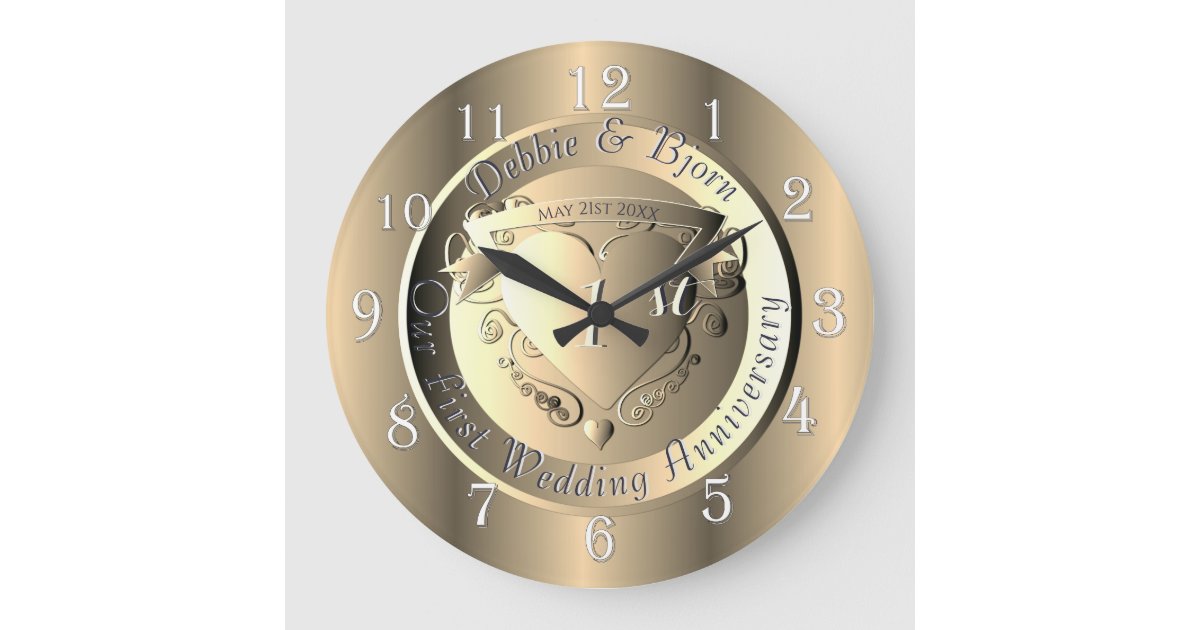 1st Wedding Anniversary Golden Medallion Large Clock | Zazzle