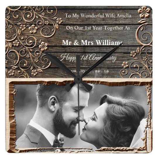 1st wedding anniversary wooden photo frame clock | Zazzle.com